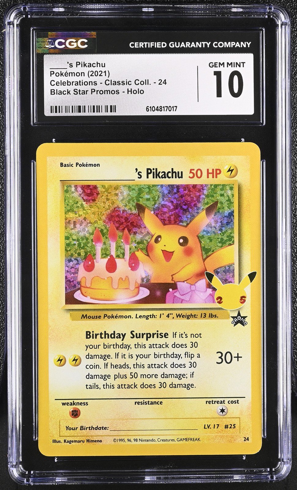🎰👀 ____'s Birthday Pikachu 24 CGC 10 Black Star Promos Holo Pokemon Gem ...